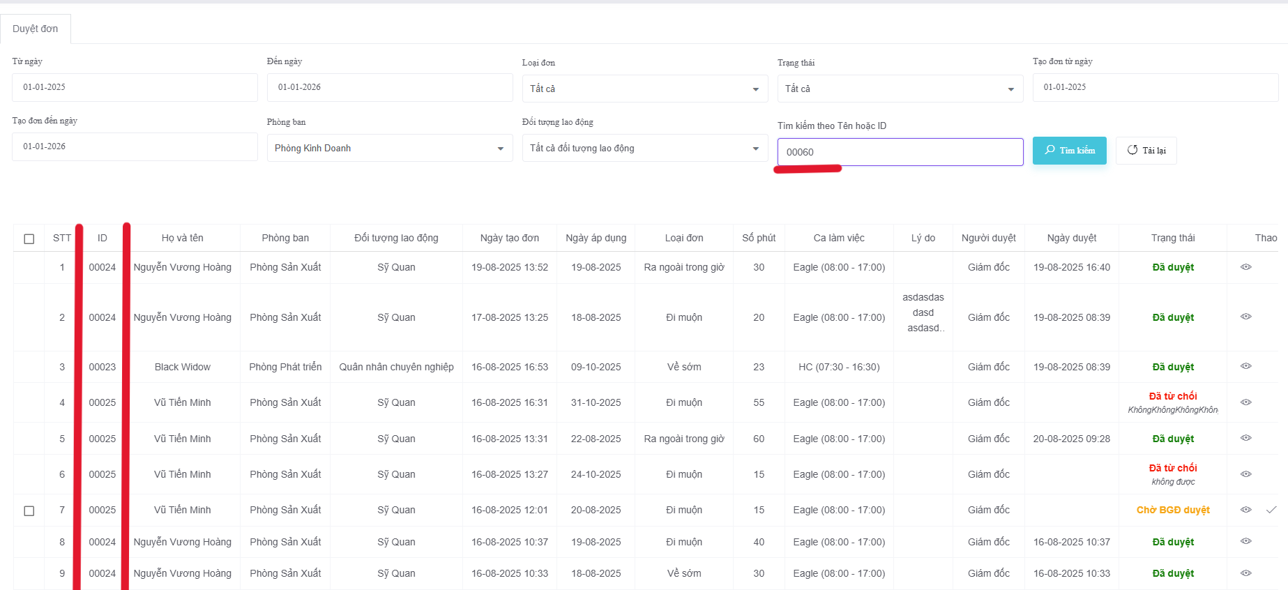 Bug #531: Lọc theo id và tên sai - Attendance phase 1 - Redmine